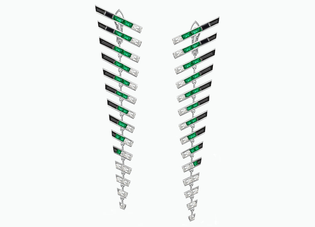 Electric Night Diamond and Emerald Blade Runner Drop Earrings by Tomasz ...